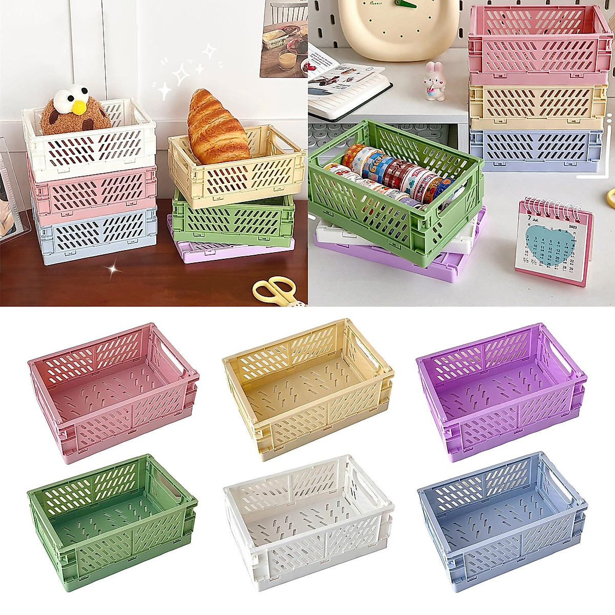 HUIFACAI Plastic Baskets Foldable Desk Crates Storage Box Stackable Table Basket Organizers Office Desktop Drawer Shelf, Small, Blue