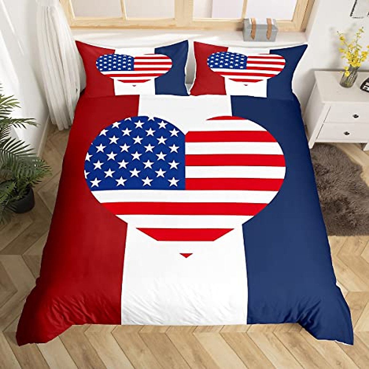 Erosebridal American Flag Duvet Cover Full, Flag Stars Stripes Bedding Set for Children, Independence Day American Flag USA Patriotic Heart Comforter Cover, United States Stripe Red Blue Quilt Cover