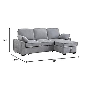 Lilola Home Mackenzie Light Gray Chenille Fabric Sleeper Sectional with Right-Facing Storage Chaise, Drop-Down Table, Cup Holders and Charging Ports