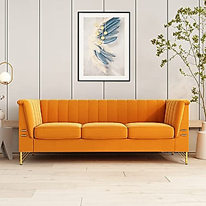 Kadway Velvet Sofa Couch for 3-4 Persons, 83" Mid-Century Modern Couch with Gold Metal Legs, Chesterfield Sofa 3 Seater Sectional Couches, Large Load Sofa Couch for Living Room Office Hotel Orange