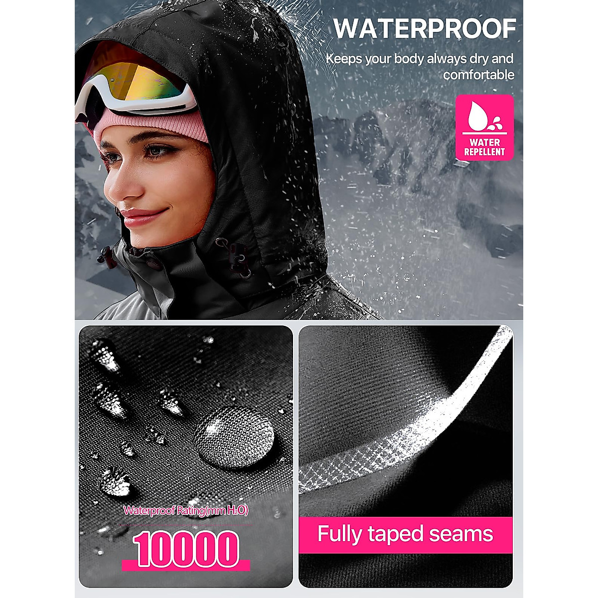 FREE SOLDIER Women's Waterproof Ski Snow Jacket Fleece Lined Warm Winter Rain Jacket with Hood Fully Taped Seams(Black,3XL)