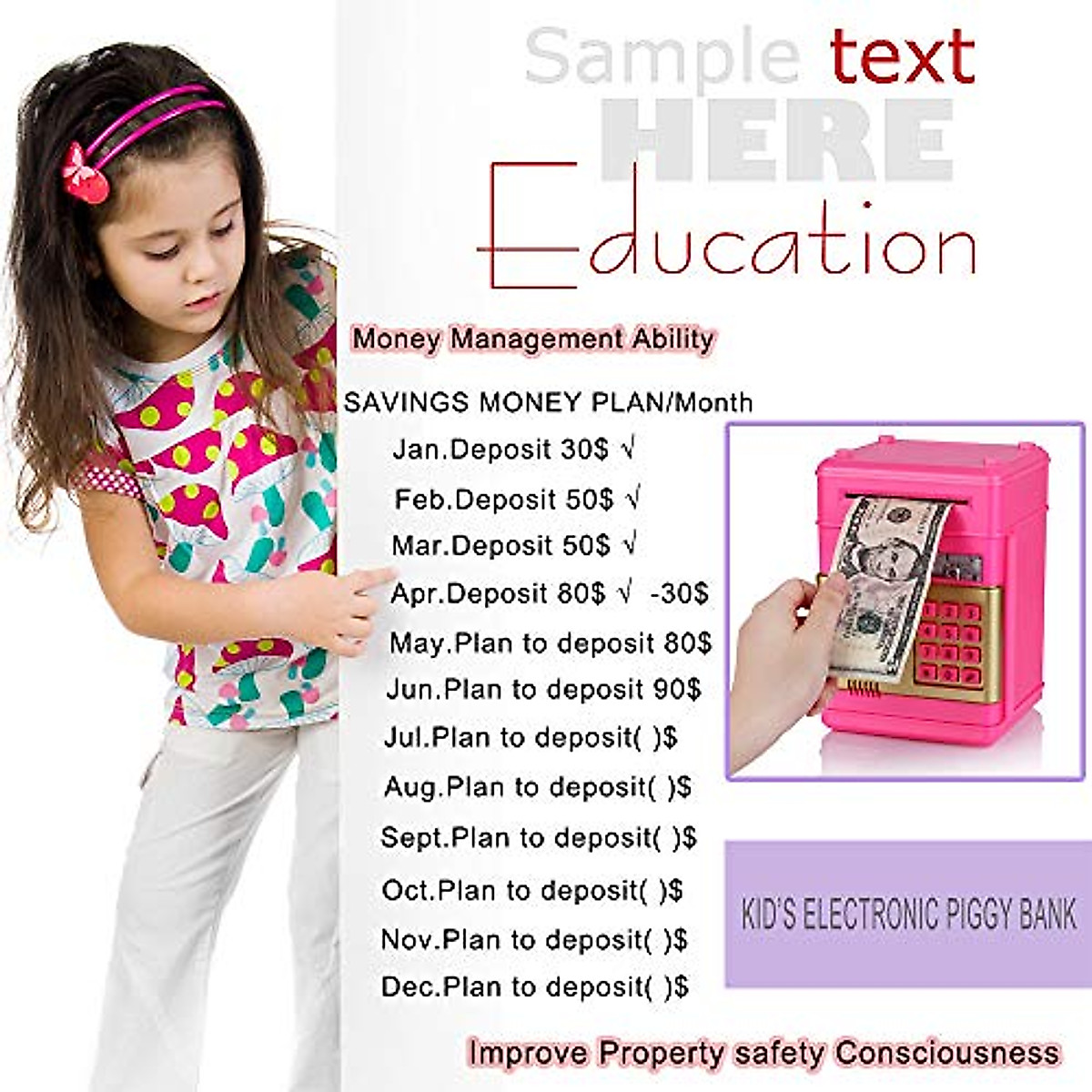 TUSEASY Piggy Bank, Birthday Toys Gifts for 4 5 6 7 8 9 10 Year Old Boys Girls, Electronic Real Money Coin ATM Machine, Plastic Large Saving Bank Safe Lock Box, Kids Kawaii Cute Stuff (Deeppink)