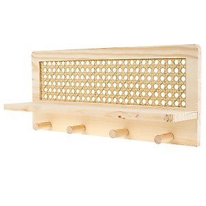 PHWRECZ Rattan Rack Shelf Rattan Coat Rack Shelf Wall Mounted with 4 Hooks Decorative Rattan Wall Rack Floating Rattan Shelf Wall Mount Entryway Rattan Rack Easy to Install