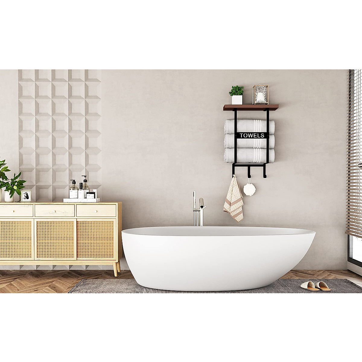 Towel Rack, ZUJJAFY Racks for Bathroom Storage Wall Mounted Holder Decor, Bath Organizer with Wooden Shelf and Hooks Rolled Towels Matte Black With ''Towels'' Logo