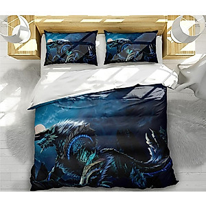PONNYC MH Dragon Hunter Game Duvet Cover Soft 3D Printed Bedding Set with Comforter Cover 3 Piece Set Includes 2 Pillowcases and 1 Duvet Cover Machine Washable (03,King (104"x90"))