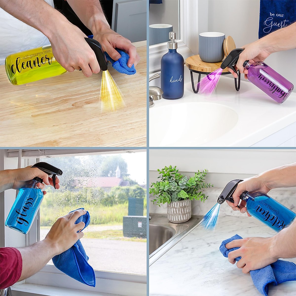 Cornucopia Brands Cleaning Spray Bottles Set, Glass (Set of 4, 16-Ounce); Refillable Trigger Sprayers w/Mist/Stream Settings and Farmhouse Script