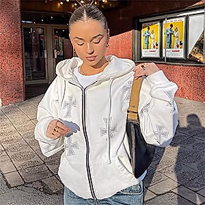 GIRSARRDER Women Jackets Zip Up Hoodie Women Cross Printed Oversized Hoodies Y2k Comfy Loose Fit Men Trendy Sweatshirts A-white