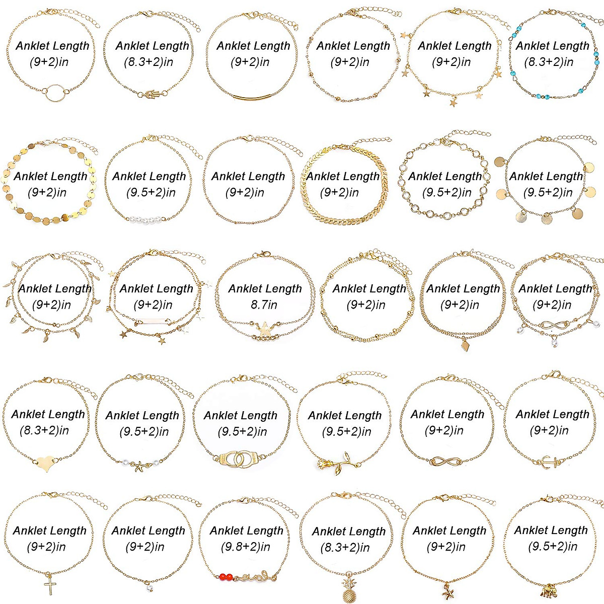 ESRICH 30 Ankle Bracelets for Women Set, Adjustable Size Beach Anklet Set, Imitation Golden Anklet,Jewelry Anklet for Women Beach Jewelry Gifts