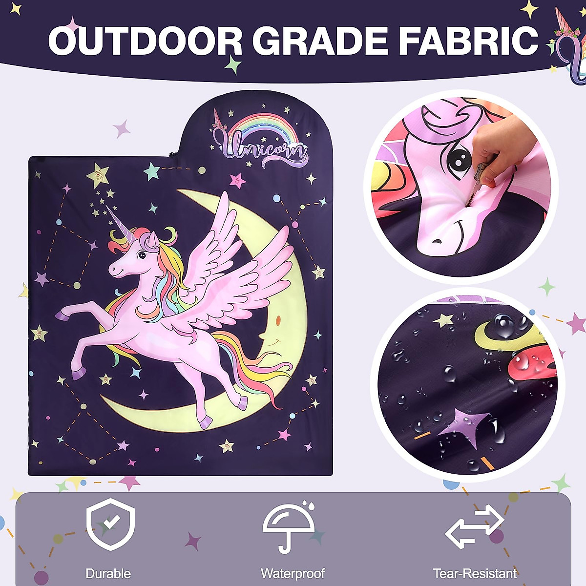 ETGLCOZY Unicorn Sleeping Bag for Girls, Warm Weather Sleeping Mat with Pillow for Kids Camping Backpacking Hiking Daycare Preschool Travel, Ultralight, Durable, Water-Resistant, Easy Carry and Pack