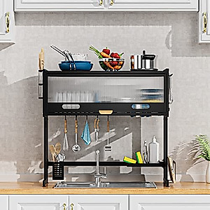 NETEL Over The Sink Dish Drying Rack, 2 Tier Clear Dustproof Cabinet Door Design and Stable Suction Cup Base for Space-Saving Kitchen Counter Organization (Black, 33.5 * 12.6 * 30.3 inches)