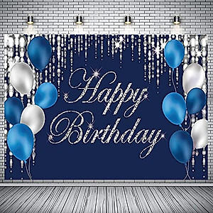 Happy Birthday Backdrop Navy Blue and Silver Happy Birthday Sign Blue Happy Birthday Banner Photo Studio Backdrop Birthday Party Supplies Photography Background for Favor Children Men Women 5x3ft