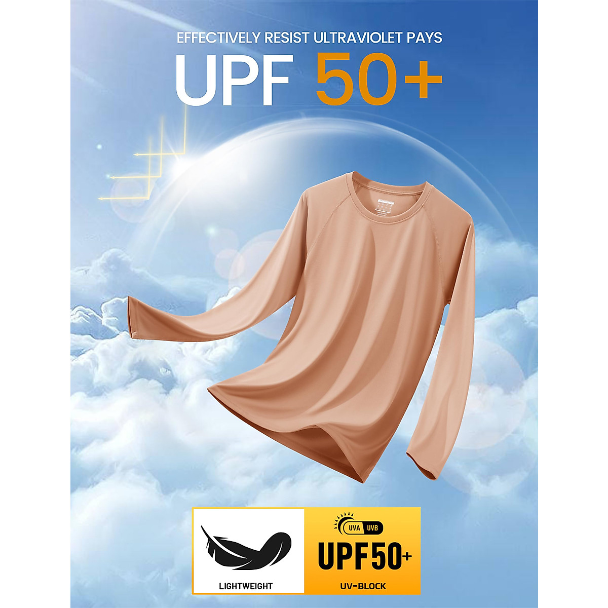 Rashguard Shirts for Men Long Sleeve Sun Protection Shirts Athletic T-Shirt Cycling Shirts Outdoor Shirts Men Camping Shirts Hiking Shirts for Men Apricot