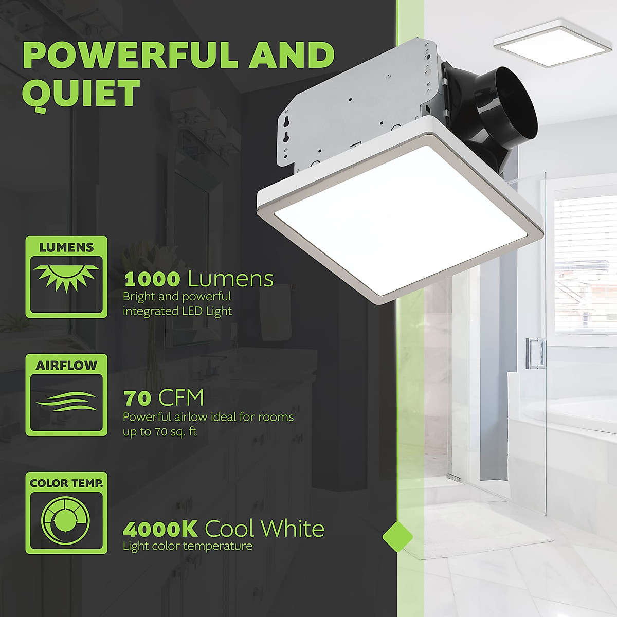 Homewerks 7105-10 Bathroom Fan Integrated LED Light Ceiling Mount Exhaust Ventilation Ultra Quiet 1.0 Sones 70 CFM, Decorative Brushed Nickel Magnetic Trim