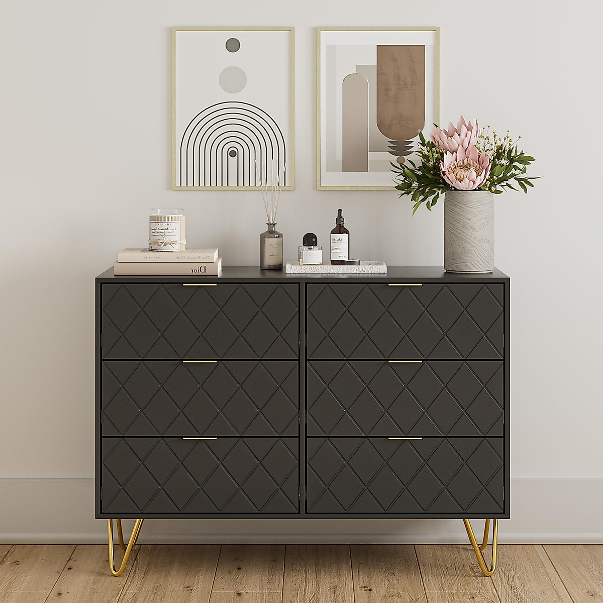 Aobafuir 6 Drawer Dresser, Drawer Chest, Tall Storage Dresser Chest Cabinet Organizer Unit with Metal Legs, Big Dresser for Bedroom, Living Room, Closet, Hallway Black Diamond