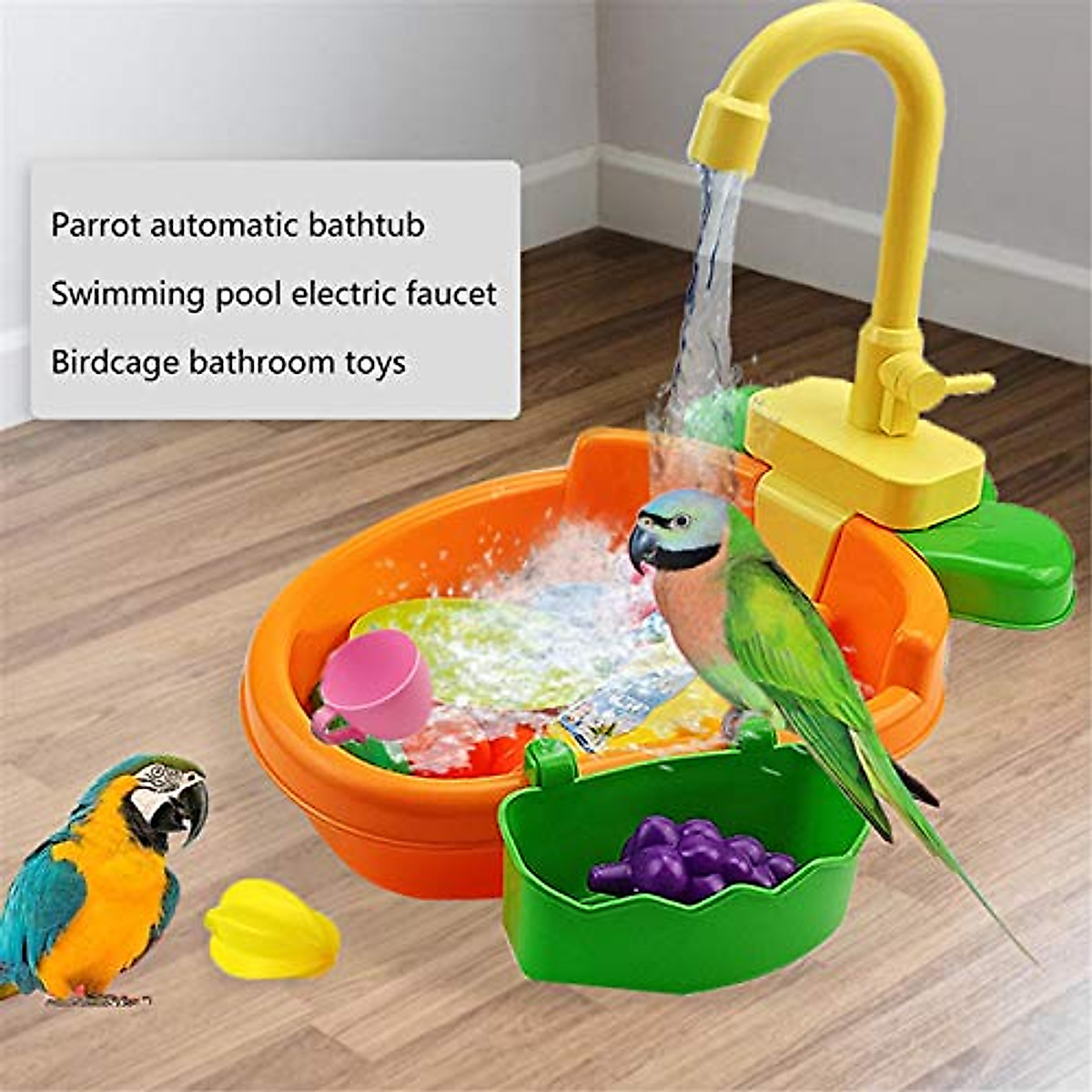 Bird Bath Tub Parrot Automatic Bathtub with Faucet Bird Shower Bathing Tub Birdbath Toy Bird Feeder Bowl Parrot Automatic Bathtub Pool for Indoor