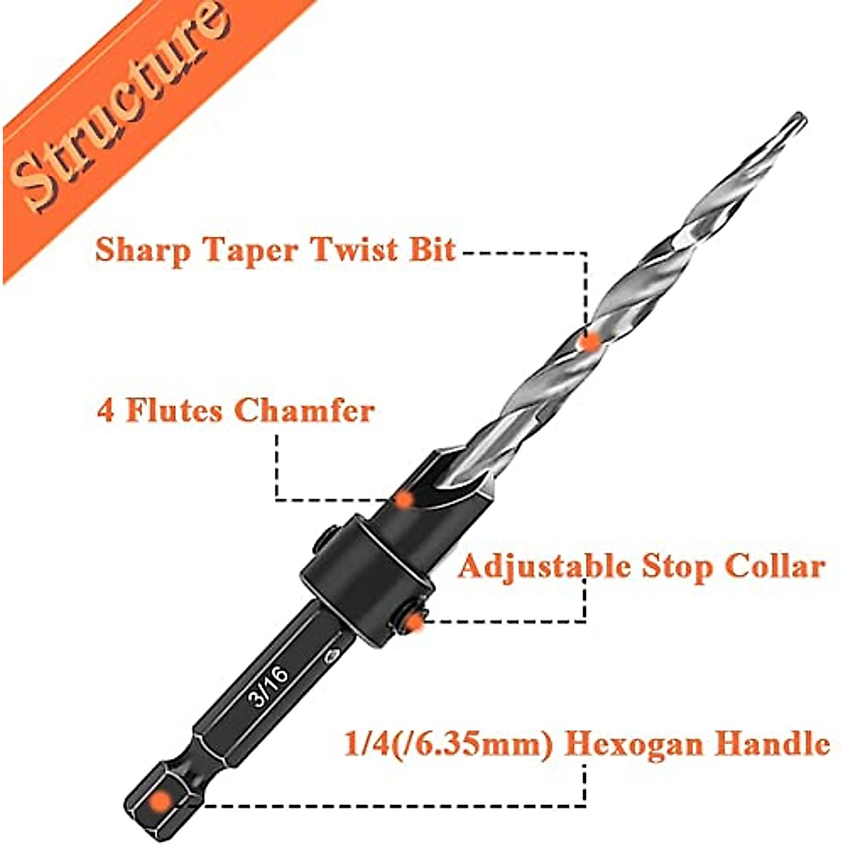 5 Pcs Countersink Drill Bits, Bestgle High Speed Steel Counter Sinker Drill Bits with Chamfering Combination for Woodworking, Imperial Hex Shank HSS Taper Bits 9/64", 3/16", 7/32", 11/64", 7/64"