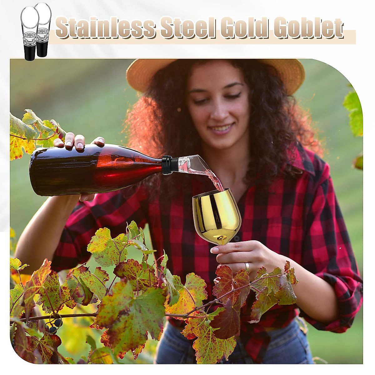 4 Pcs 18 oz Stainless Steel Wine Glass with 2 Wine Aerator Pourer Spout Stemmed Unbreakable Metal Wine Glasses Gold Goblet Champagne Glasses for Wedding Anniversary Party(Gold)