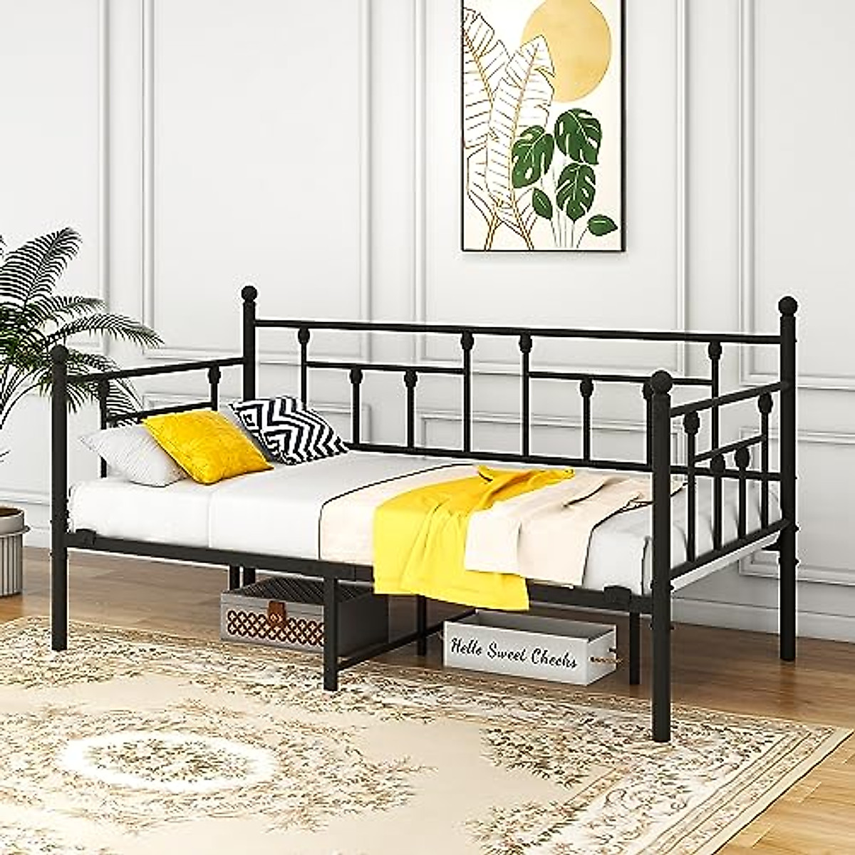HAHRIR Metal Daybed Frame and Trundle Set Premium Steel Slat Support Daybed and Roll Sofa Bed (Black, Twin)