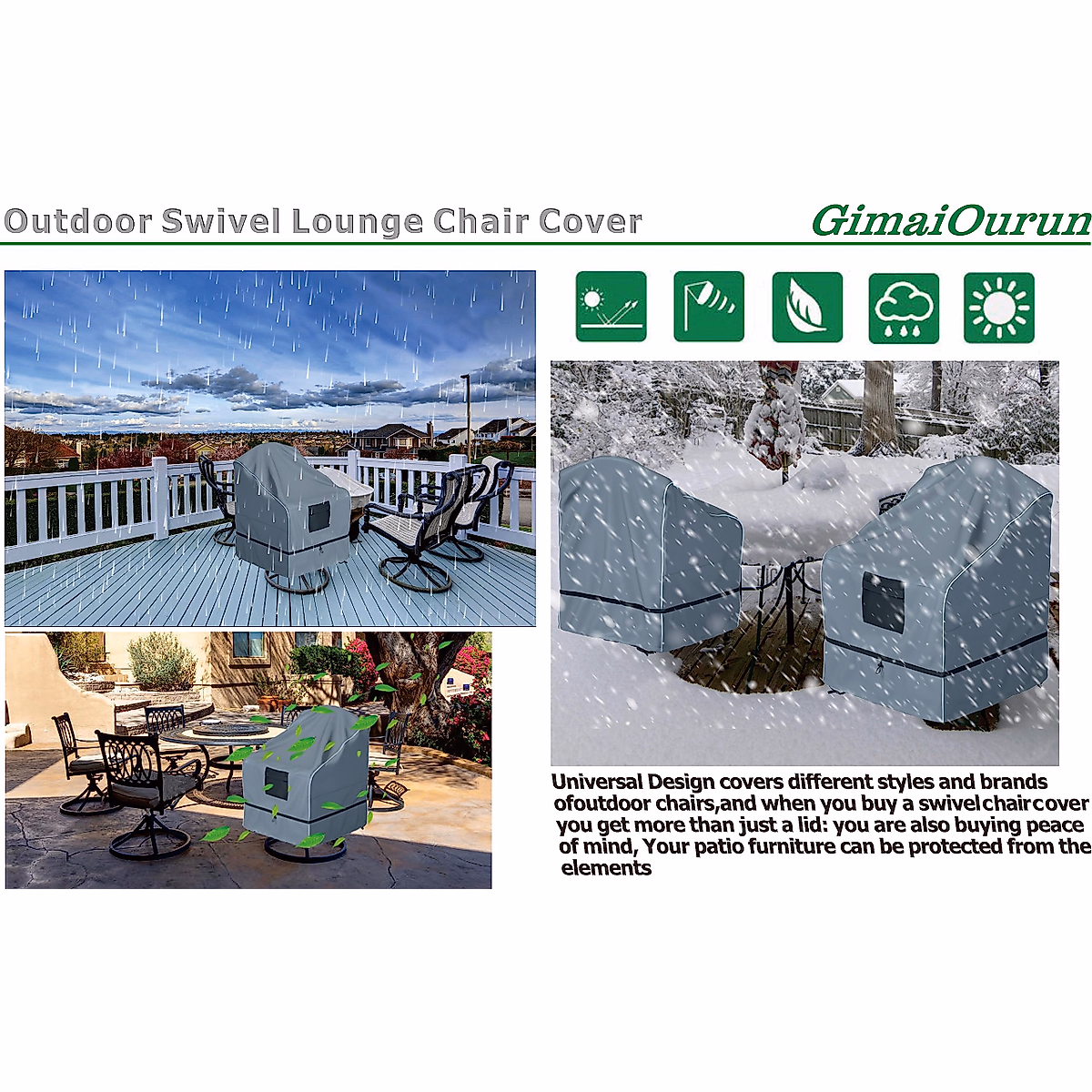 GimaiOurunOutdoor Swivel Lounge Chair Cover 1 Set, Waterproof Heavy Duty Outdoor Chair Cover, Outdoor Lawn Patio Furniture Rocking Chair Cover, (30 W x 35 D x 38.5 H inches), Gray