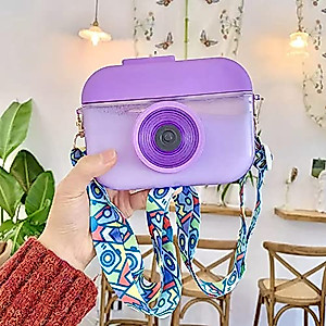 ORIJOYNA 13 oz Cute Water Bottle with Straw - Camera Shape Water Cup with Adjustable Shoulder Straps - Ideal Kawaii Gift for School (Purple)