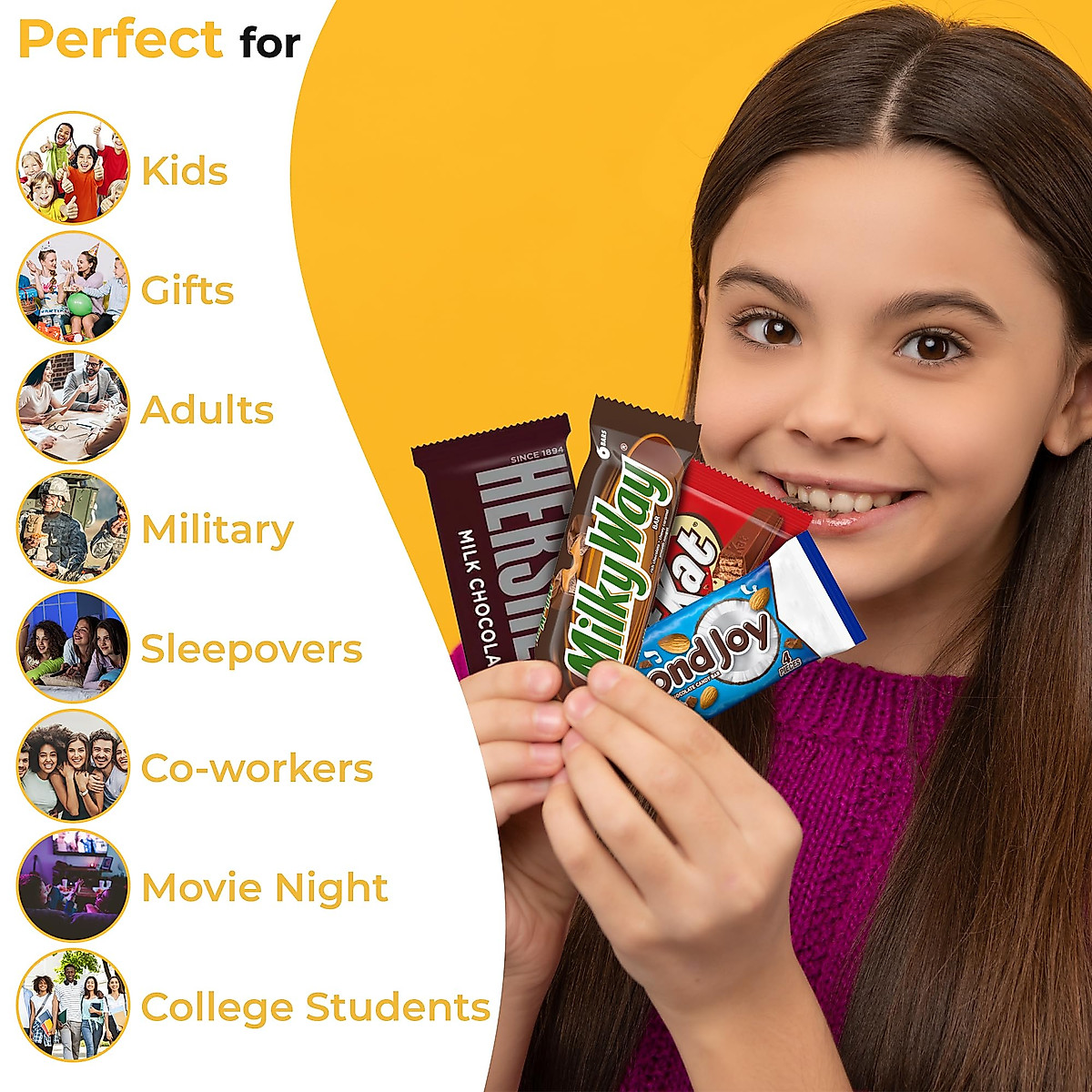 Chocolate Candy Variety Pack Gift Box - 50 Fun Size Candy Bars Assortment - Adult Chocolate Gifts for Women, Birthday, College Care Package