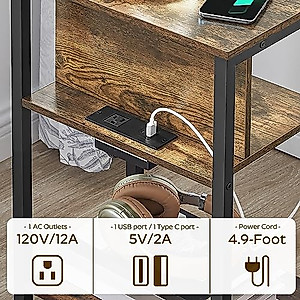 YATINEY Nightstands Set of 2, End Tables with Charging Station and Type C, Side Table with Open Storage Shelf, Bedside Table for Small Spaces, Rustic Brown and Black ET58L2BR