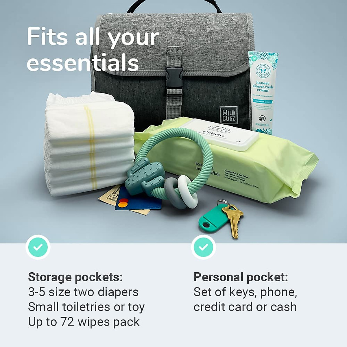 Wildcubz Portable Changing Pad | 27" Diaper Changing Mat | Wipes Pocket | Waterproof Changing Pads for Baby | Portable Diaper Changing Pad for Baby | Changing Pad Portable Changing Station (Graphite)