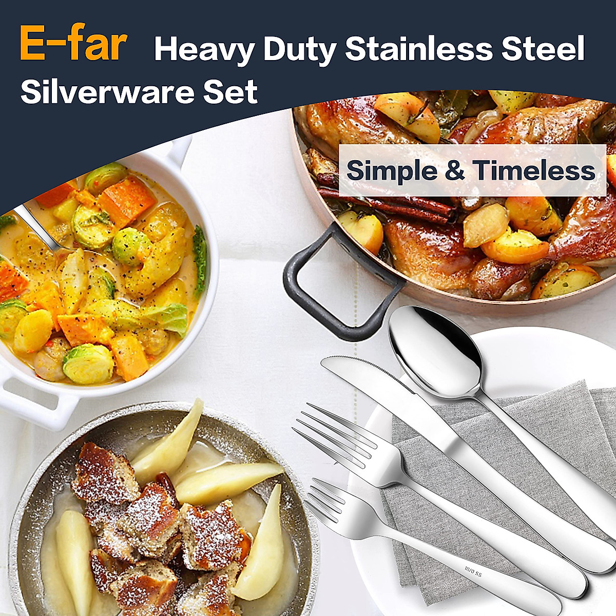 E-far 40-Piece Heavy Duty Silverware Set, Stainless Steel Flatware Cutlery Set for 8, Heavy Weight Tableware Eating Utensils Set for Kitchen Restaurant Wedding Party, Mirror Polished & Dishwasher Safe