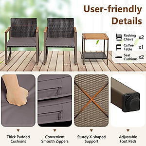 Tangkula 3 Pieces Rocking Bistro Set, Outdoor Rocker Chair with Coffee Table & Cushions, Patio Rattan Furniture Conversation Set for Balcony Porch Poolside (Gray)