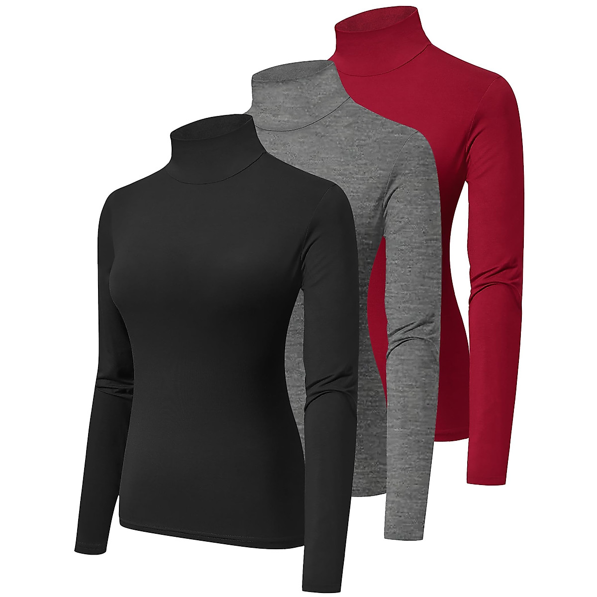 HOPLYNN 3 Pack Turtlenecks Women Long Sleeve Pullover Baselayer Undershirts Sweater Tops Mock Turtle Neck Shirts Black Red Grey Large