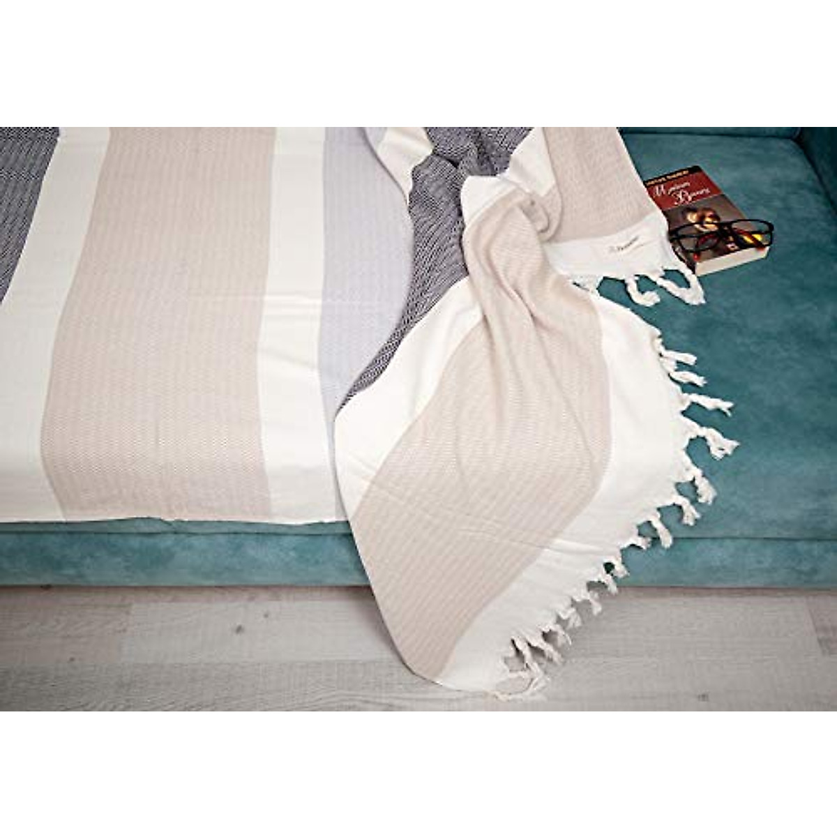 Bersuse 100% Cotton Aspendos XL Throw Blanket Turkish Towel - 60x90 Inches, Black-Grey-Beige