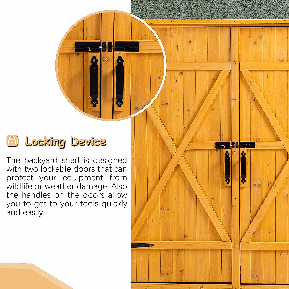 56”L Outdoor Storage Cabinet, Wood Garden Shed, Outside Tool Shed, Vertical Organizer Cabinet with Double Lockable Doors Tool Storage Box for Outside, Garden Backyard Patio Yard Waterproof Roof