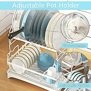 ParkNbuy Dish Drying Rack,2-Tier Detachable Dish Racks for Kitchen Counter,Large Capacity Dish Drying Rack Drainboard Set with Utensil Pots Holder and Cutting Board Holder White