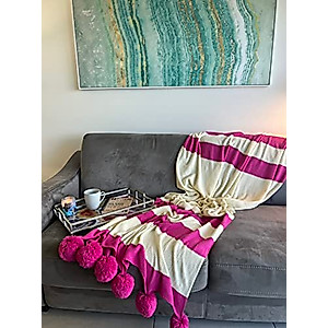 Knit Pink Throw Blankets for Couch- 50x60 Inches , Reversible Woven Cotton Striped Soft Throw Blanket for Bed with Pom Pink & Cream Full