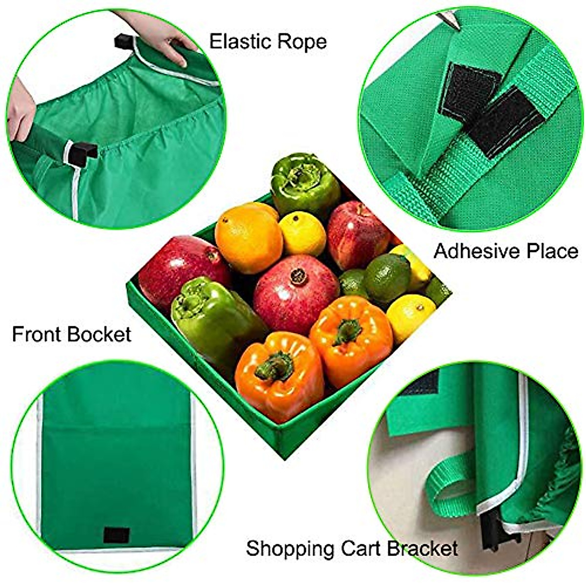 Helishy 2Pack Reusable Grocery Bags Shopping Trolley Bags, Green Non-woven Tote Bags with Handles, Collapsible Grab and Go Bag Clip on Shopping Cart