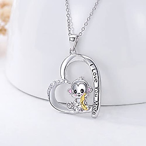LONAGO Monkey Necklace 925 Sterling Silver I Love You More Cute Monkey Holds Banana Pendant Necklace Jewelry for Women