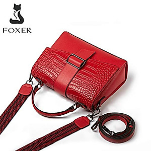 FOXER Small Crossbody Bags for Women, Genuine Leather Crocodile Skin Pattern Medium Size Ladies Top-handle Bags with 2 Shoulder Straps Womens Classic Small Satchel Purses and Handbags (Red)