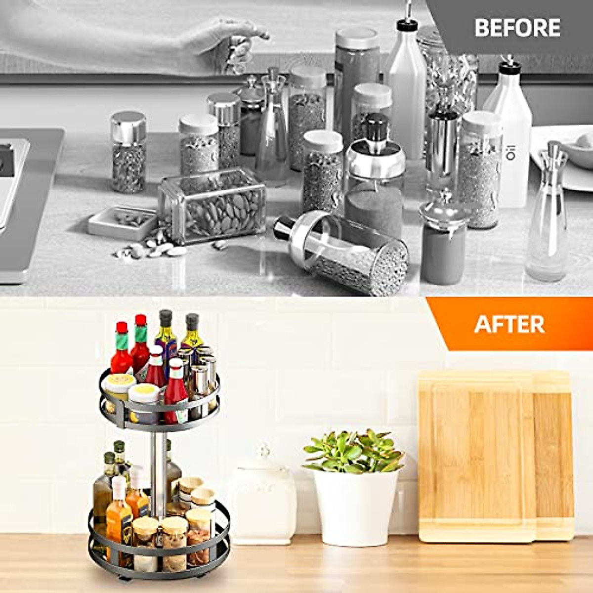 Lazy Susans Organizer, 2 Tier Metal Steel Turntable Organizer, Rotating Spice Racks for Kitchen, Pantry, Cabinet, Cupboard Table, 10 inch, Black