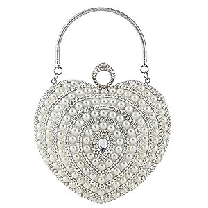 Heart Shape Evening Bag Shiny Pearl Purse Rhinestone Top Handle for Party Crossbody Shoulder Bag