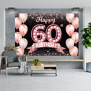 Happy 60th Birthday Rose Gold Banner Backdrop Cheers to 60 Years Old Confetti Balloons Theme Decor Decorations for Women 60 Years Old Pink Birthday Party Bday Supplies Background Favors Gift Glitter