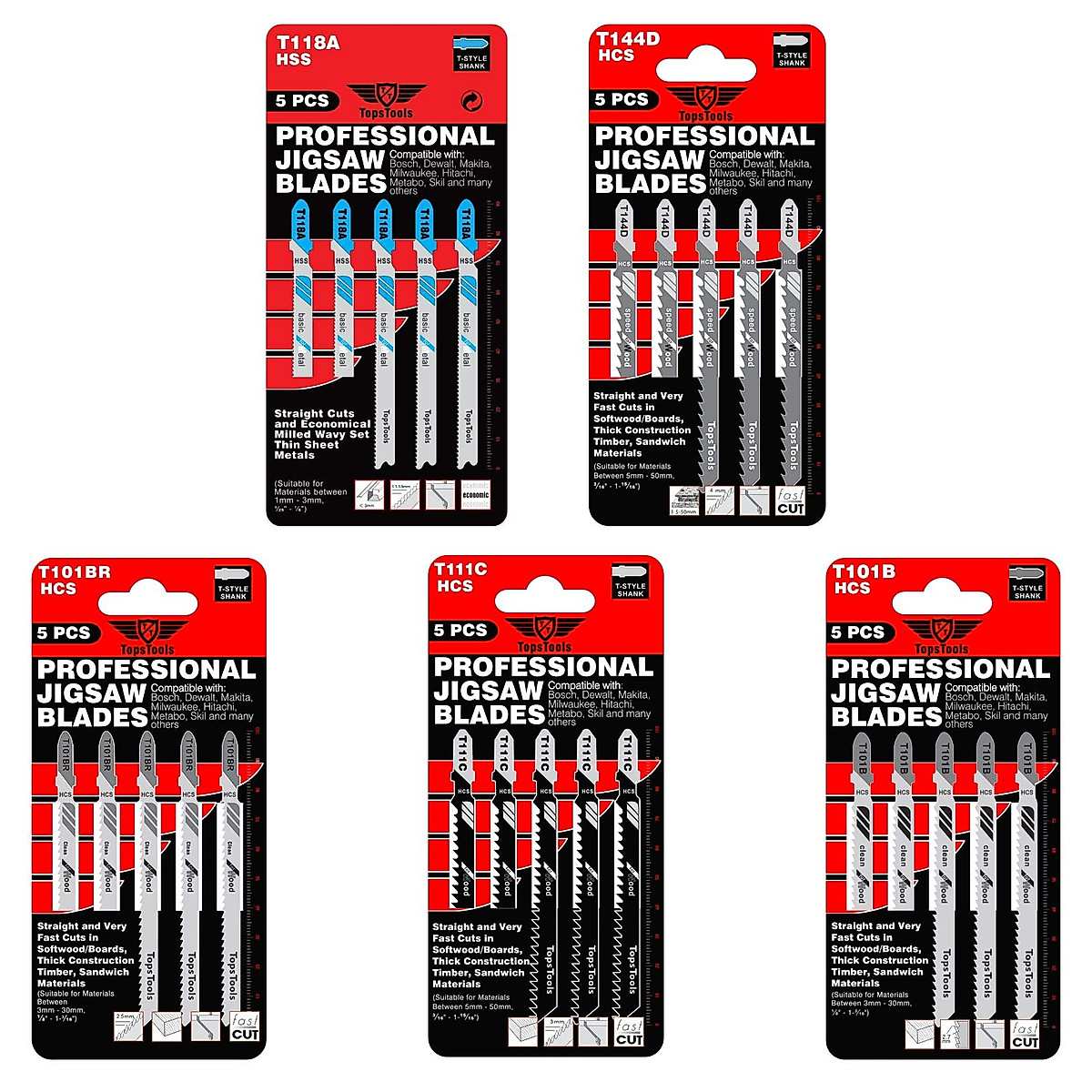 25 x TopsTools JSTTK5B T101B T101BR T111C T118A T144D Mixed Jigsaw Blades for Bosch, Dewalt, Makita, Milwaukee and many more