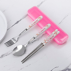 Cartoon Print Portable Utensils with Case Kawaii Kitty Reusable Flatware Set Chopsticks Fork Spoon Set for Travel Picnic(SCF-MLD)