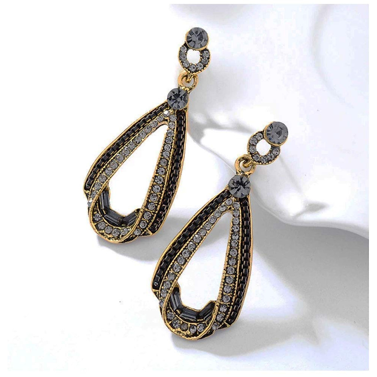 Antique Gold Bronze Tone Art Deco Vintage Gatsby Flapper Style Grey Onyx Jet Black Gray Rhinestone Dangle Earrings