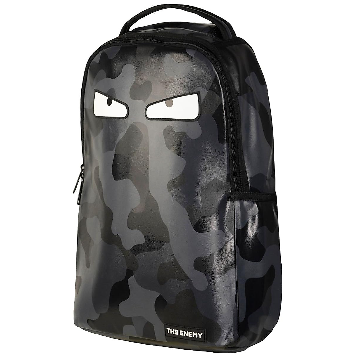 The Enemy Camo Bagpack, Unisex Eco PU Leather Backpack with Exclusive Blackout Zippers, Black Camo, One Size