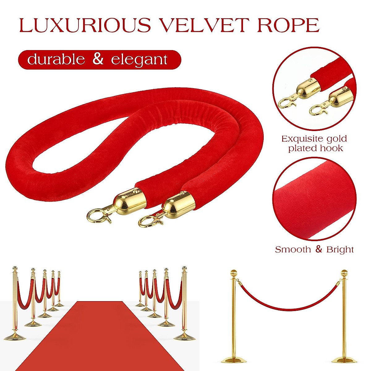 Nuogo 6 Pcs Velvet Stanchion Rope Red Carpet Party Decorations 5ft Crowd Control Velvet Ropes Safety Barrier with Gold Hook for Event Movie Theaters Grand Opening Hotel Christmas Party Supplies