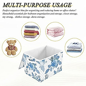 Kigai Storage Basket Blue Rose Storage Boxes with Lids and Handle, Large Storage Cube Bin Collapsible for Shelves Closet Bedroom Living Room, 16.5x12.6x11.8 In
