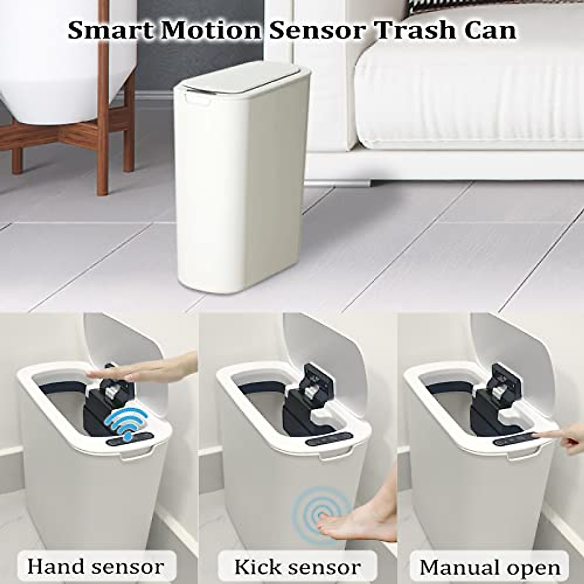 Bathroom Trash Cans with Lids, Sapouni Automatic Motion Sensor Trash Can 3.4 Gallon Smart Touchless Garbage Can Slim Plastic Narrow Rubbish Can for Bathroom, Bedroom, Kitchen, Living Room, Office