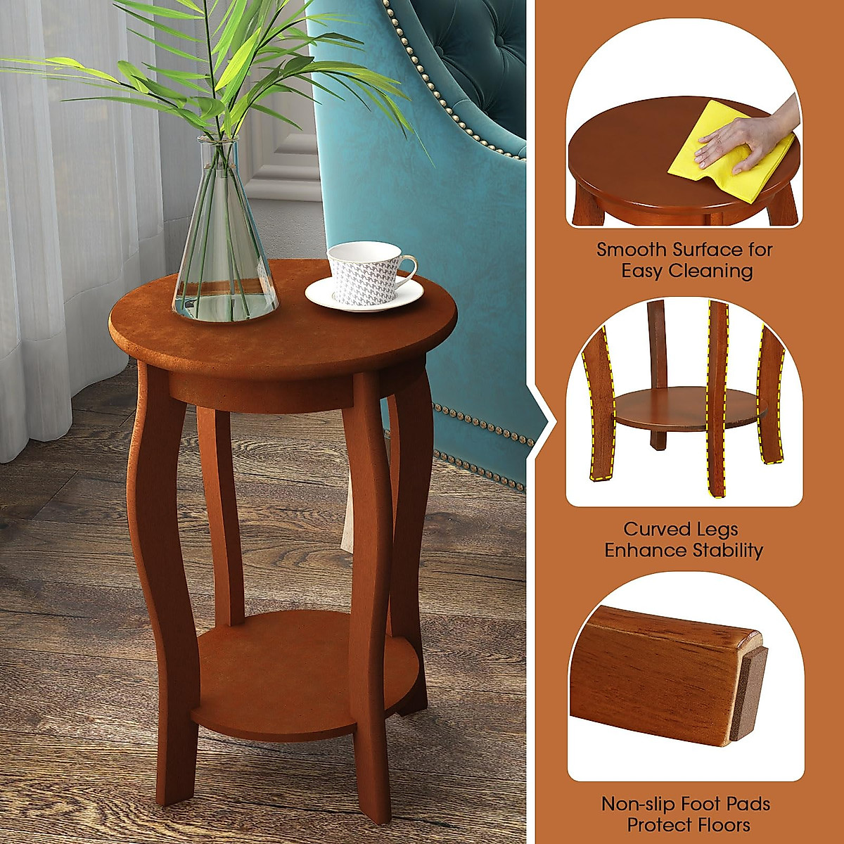 GOFLAME 2-Tier Round End Table Set of 2, Modern Sofa Side Table with Storage Shelf, Solid Wood Legs, Compact Accent Table, Nightstand for Living Room, Bedroom, Small Space, Walnut