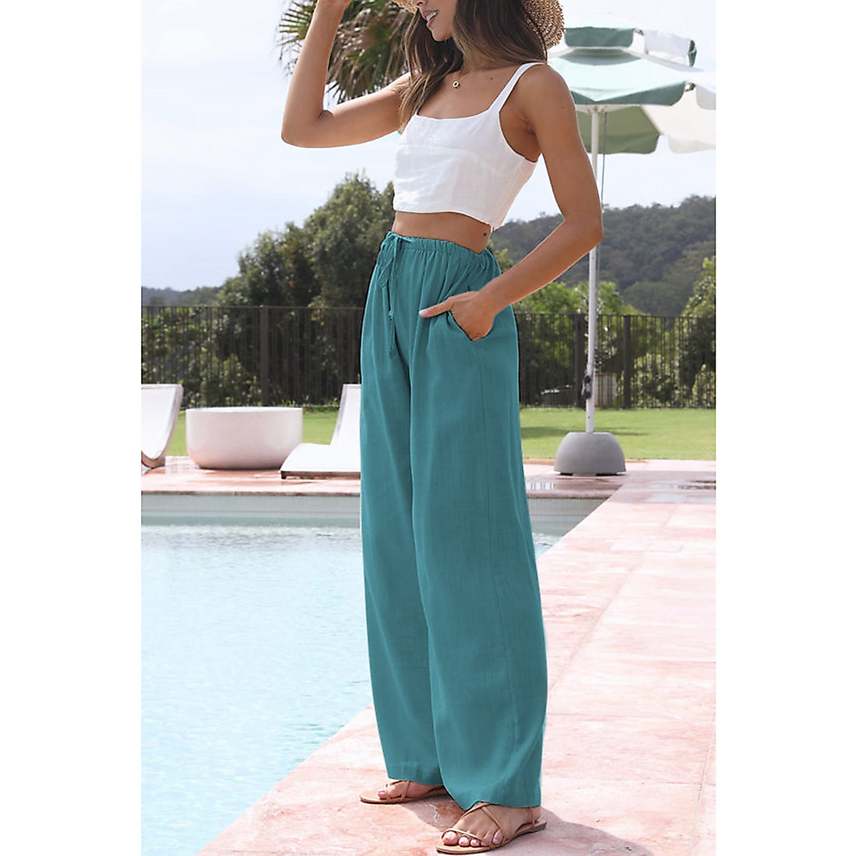 Himosyber Women Cotton Linen Pants Wide Leg High Waist Flowy Summer Beach Drawstring Pant Trouser (Blue-XL)