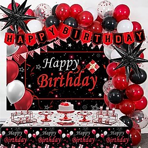Red Birthday Decorations for Men Women Boys Girls, 75 PCS Red and Black Party Decorations Happy Birthday Backdrop Banner Party Supplies Confetti Star White Red and Black Balloons Arch Tablecloth